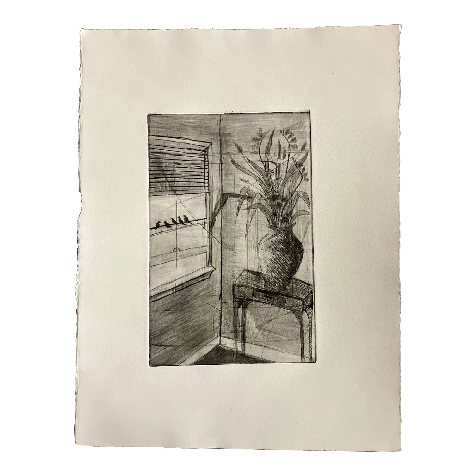 1970’s Vintage Expressionist Still Life Etching With Birds in Window ...