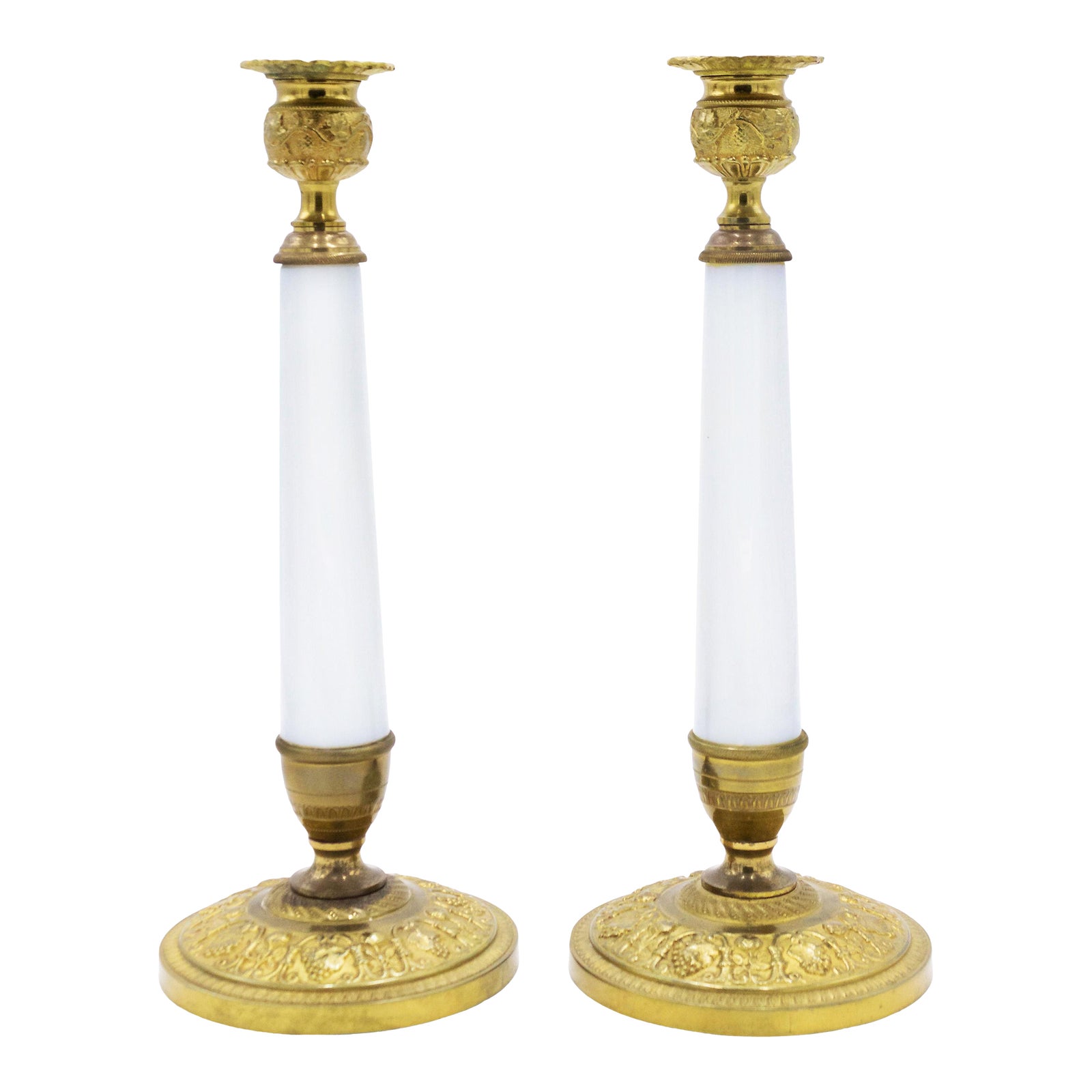 French Charles X White Opaline Candlesticks - A Pair | Chairish