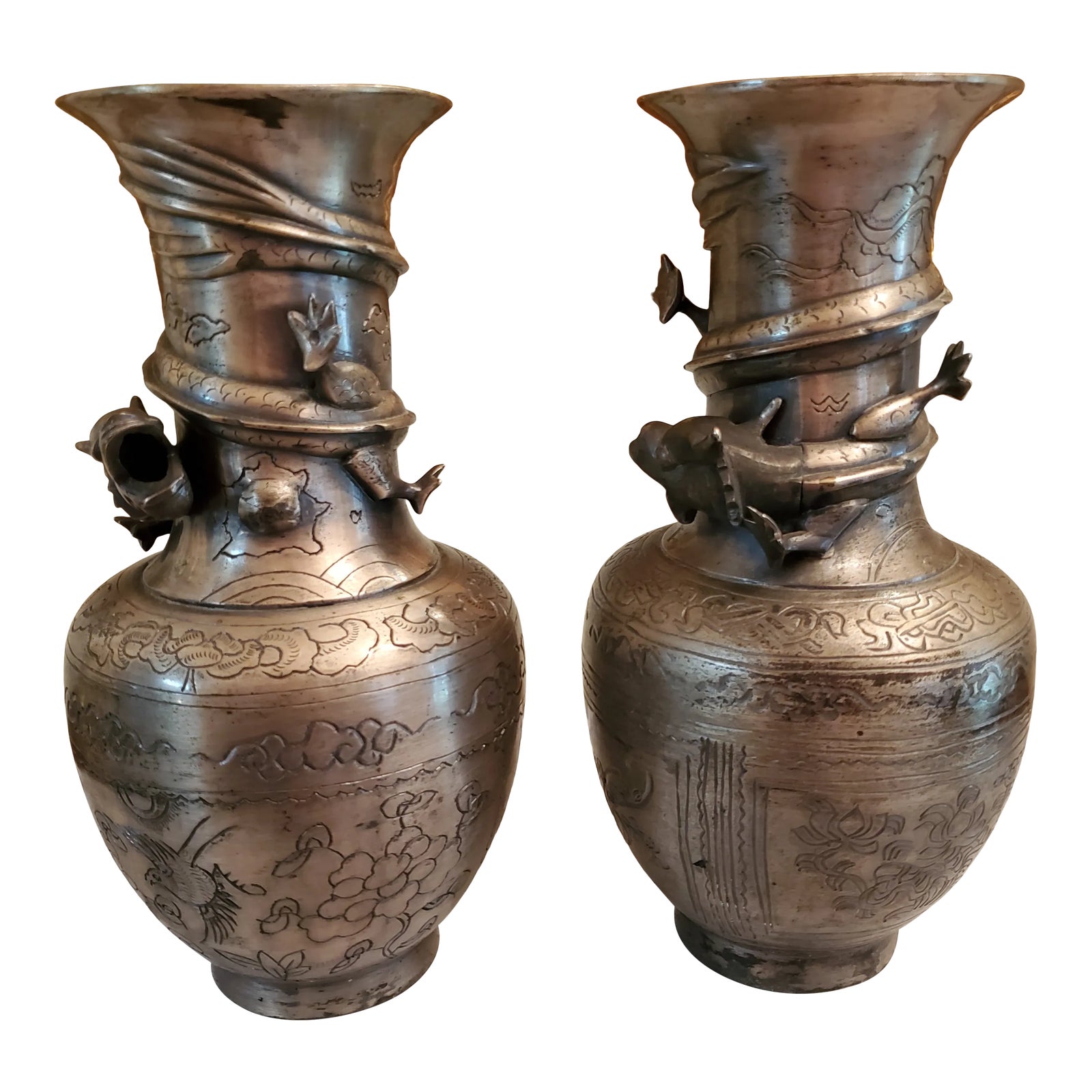 Antique Chinese Mythical Creatures Metal Vases - a Pair | Chairish