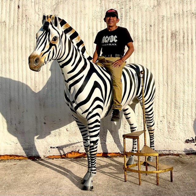 Vintage Boho Monumental Fiberglass Hand Painted Zebra Sculpture | Chairish