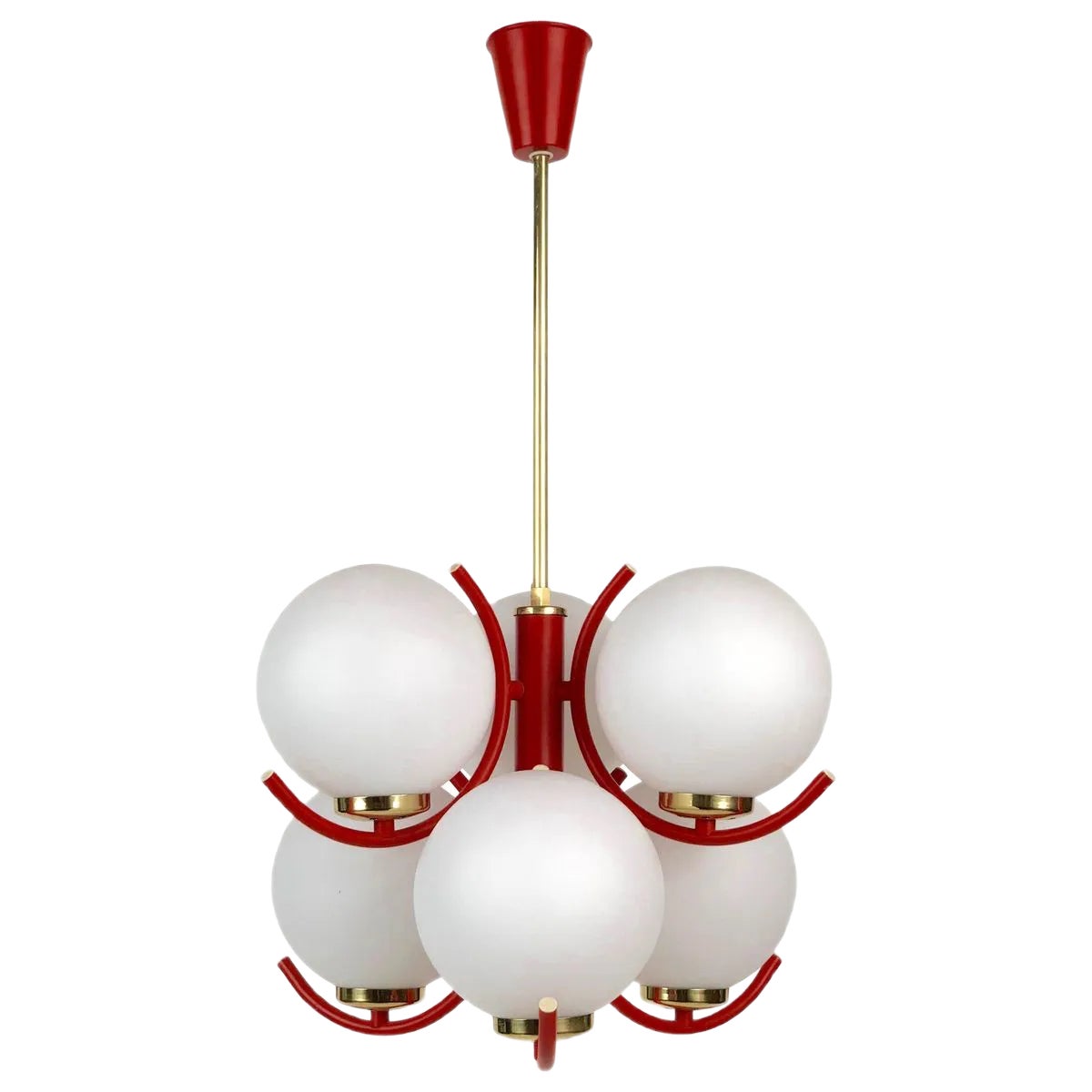 Pendant Lamp in Coral Color with 6 Mat Opaline Globes, 1970s | Chairish
