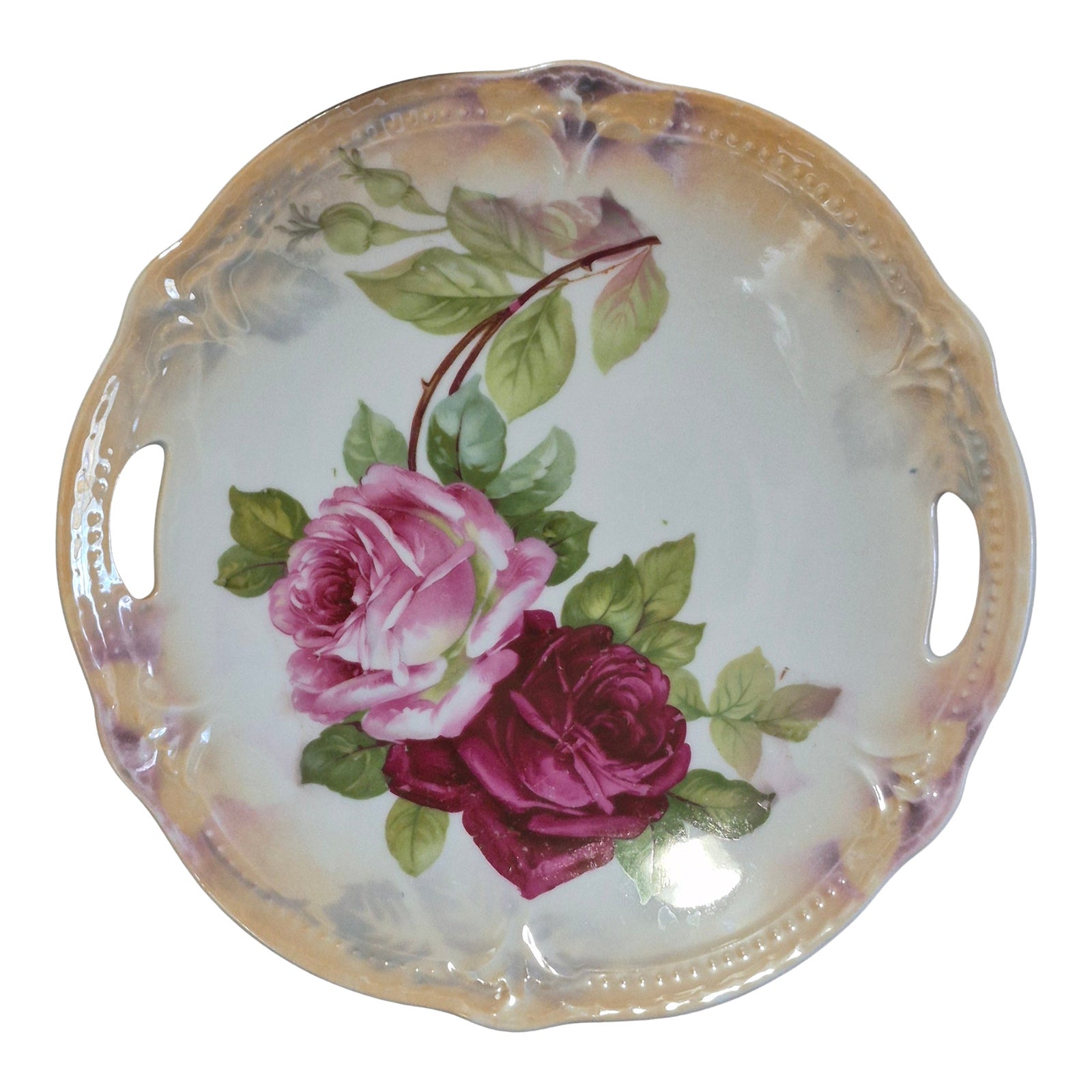 Vintage Romantic Roses Luster Edge Pierced Handles Serving Dissert ...