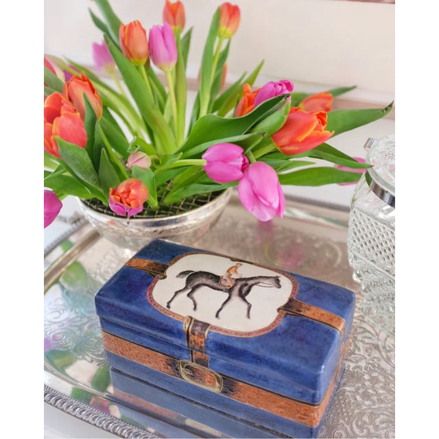 1980s Navy Blue and Brown Ceramic Box With Equestrain | Chairish