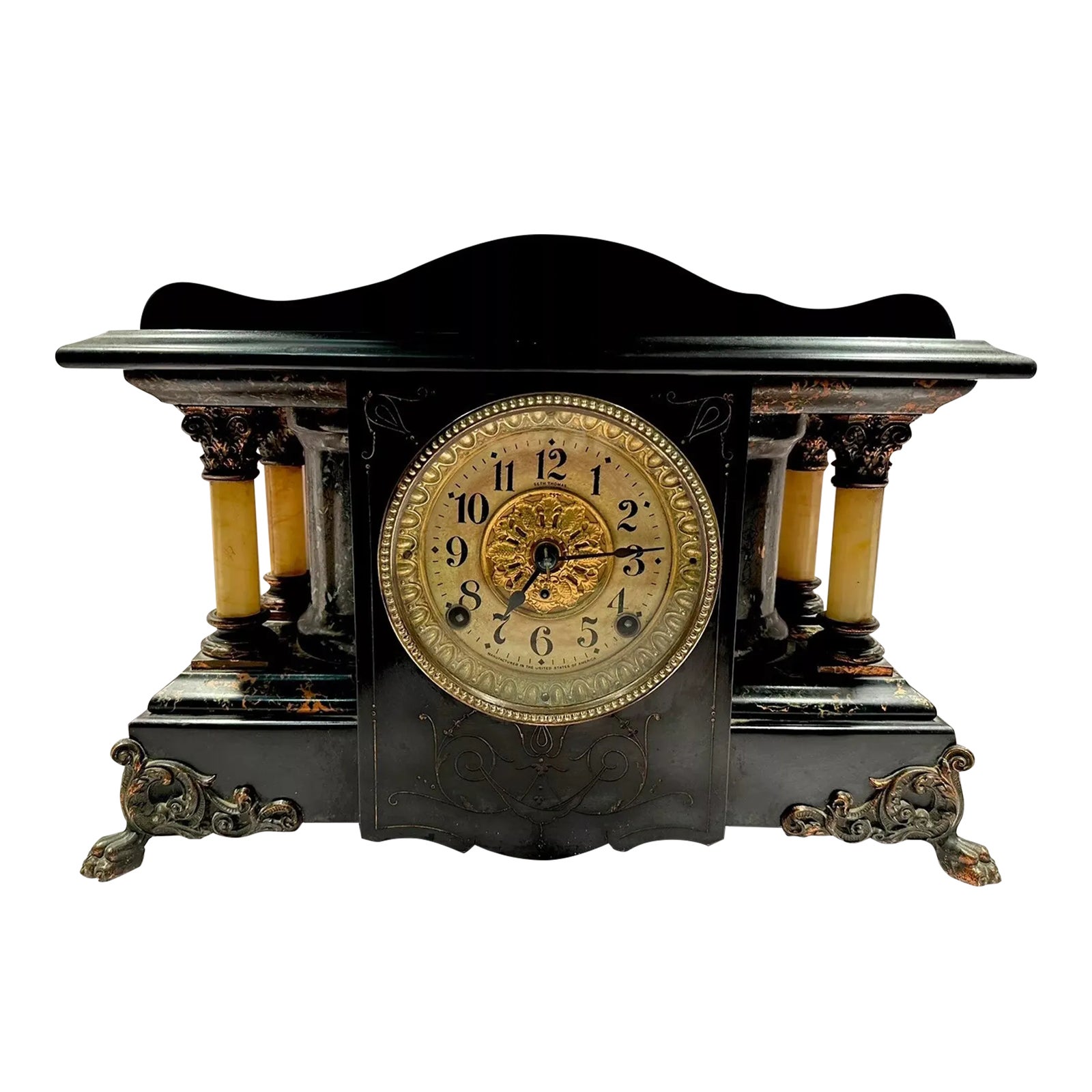 19th Century Seth Thomas “Shasta” Antique Black Adamantine Mantel Clock ...