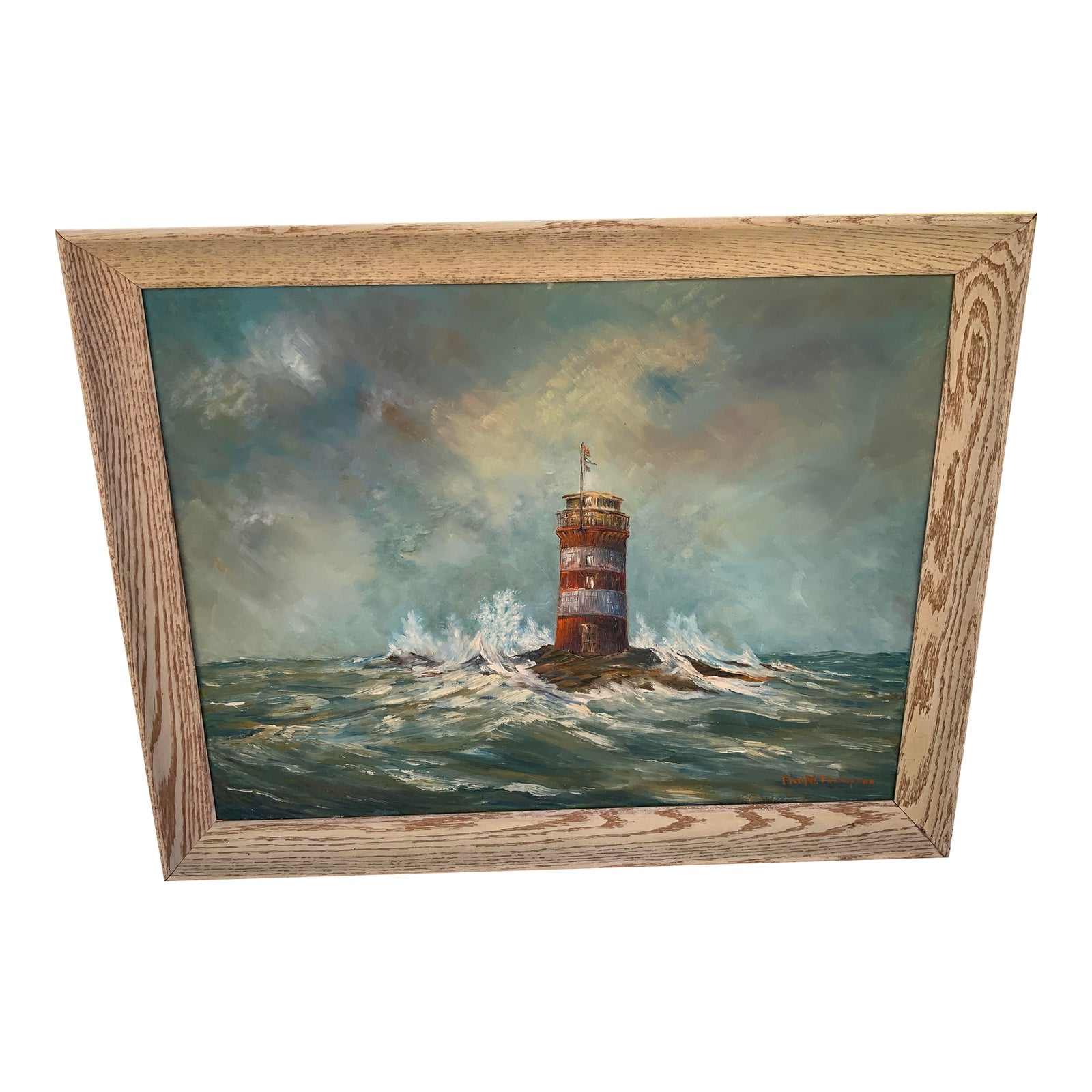 Circa 1950's Fred M. Thompson Lighthouse Oil Painting | Chairish