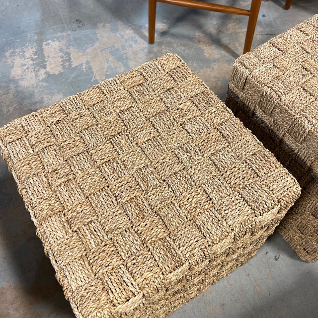 Pair of Seagrass Woven Cube Stool Poufs | Chairish