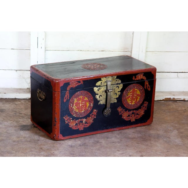 Antique Chinese Red Black Lacquered Trunk | Chairish