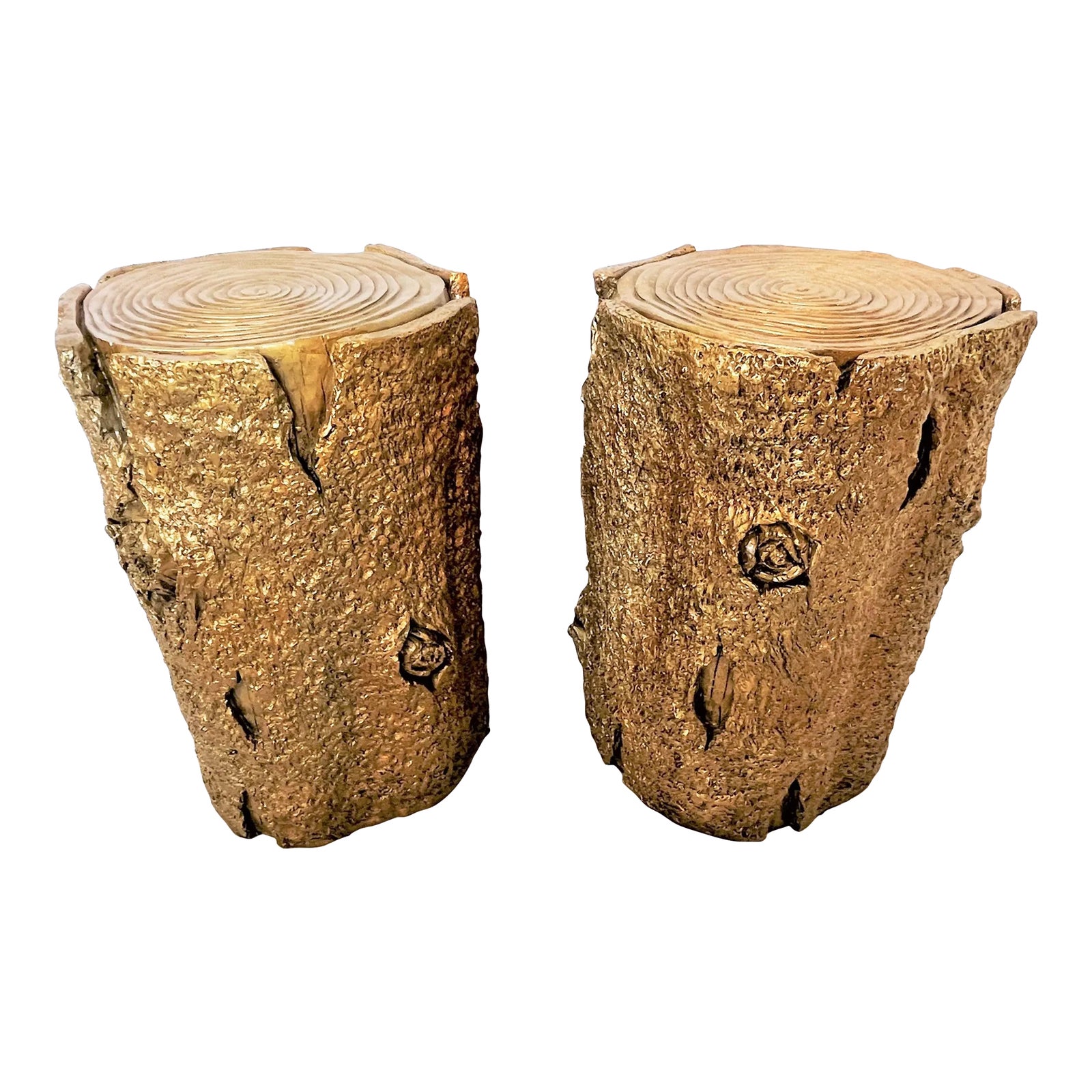 Vintage Goldtone Faux Bois Tree Trunk Stools- a Pair | Chairish