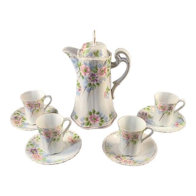 Vintage Nippon Hand-Painted Floral Apple Blossoms Chocolate Tea Set- 9 ...