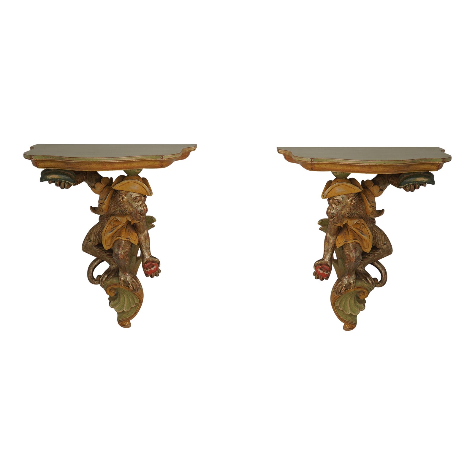 Pair Italian Figural Monkey Polychrome Wall Shelves | Chairish