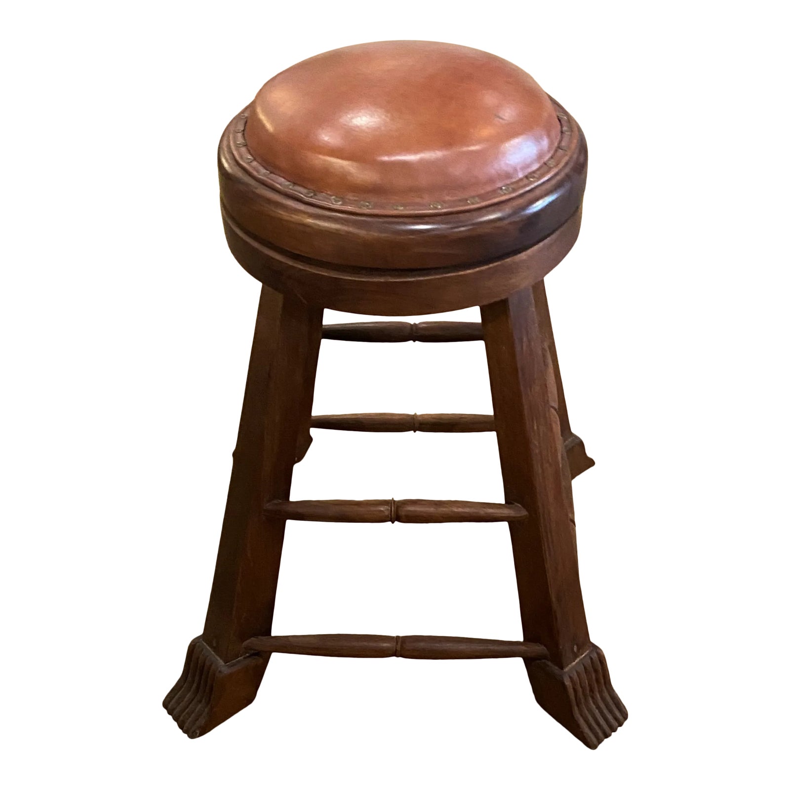 Vintage Mid Century Stool with Wood Base and Leather Swivel Seat | Chairish