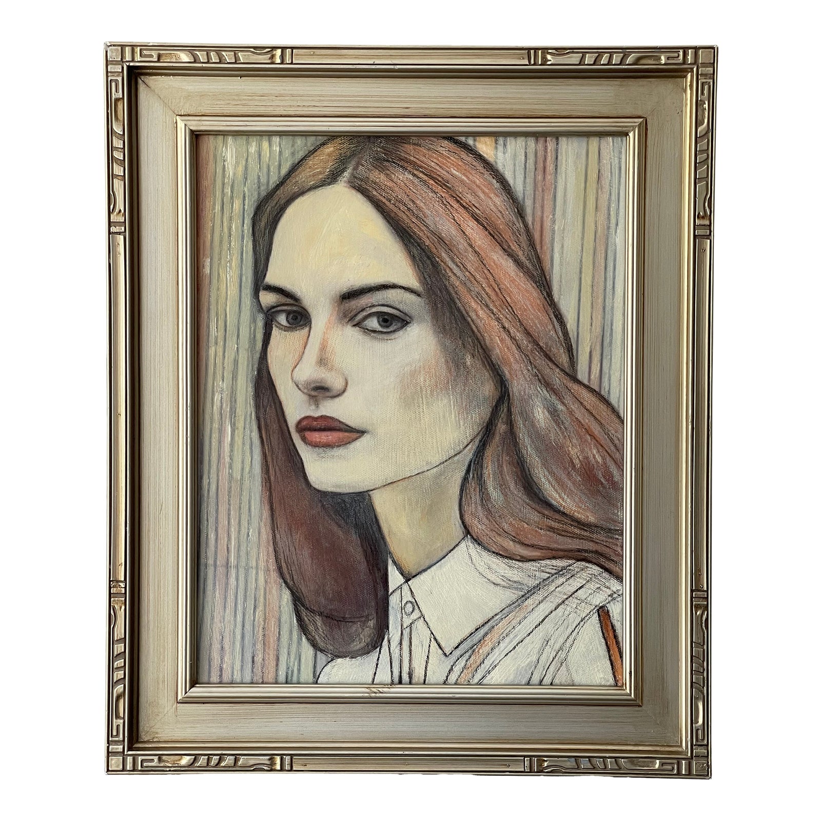 Contemporary Oil Painting Portrait in Stripes Framed | Chairish