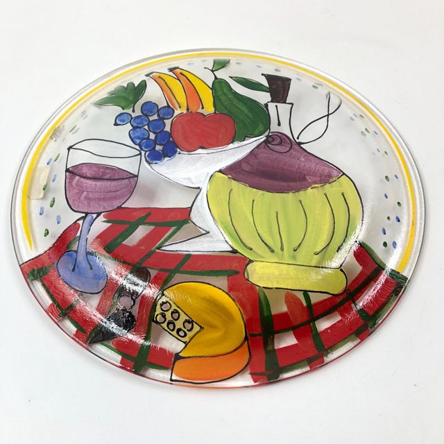 1990s Large Round Handpainted Fiasco Wine Bottle Welled Glass Platter ...
