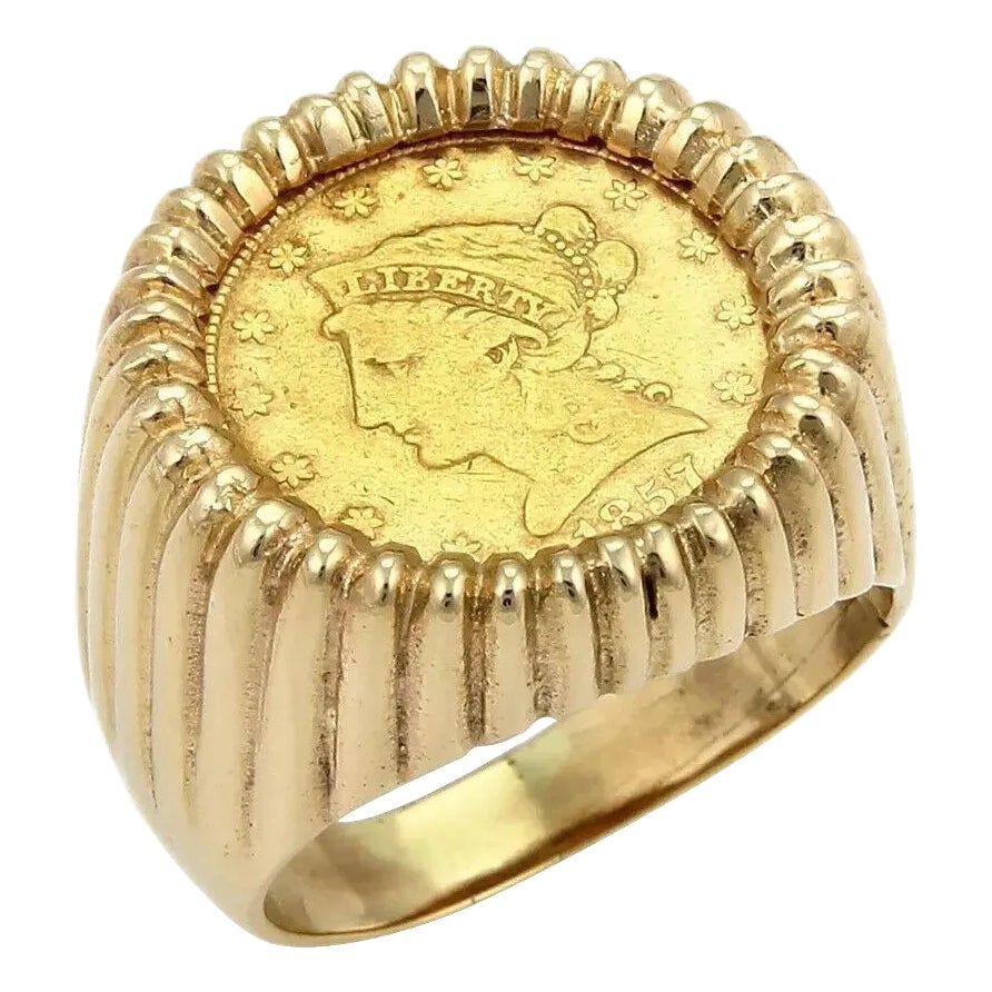 22k Liberty Coin 14k Yellow Gold Fluted Design Ring, Size 9.5 | Chairish