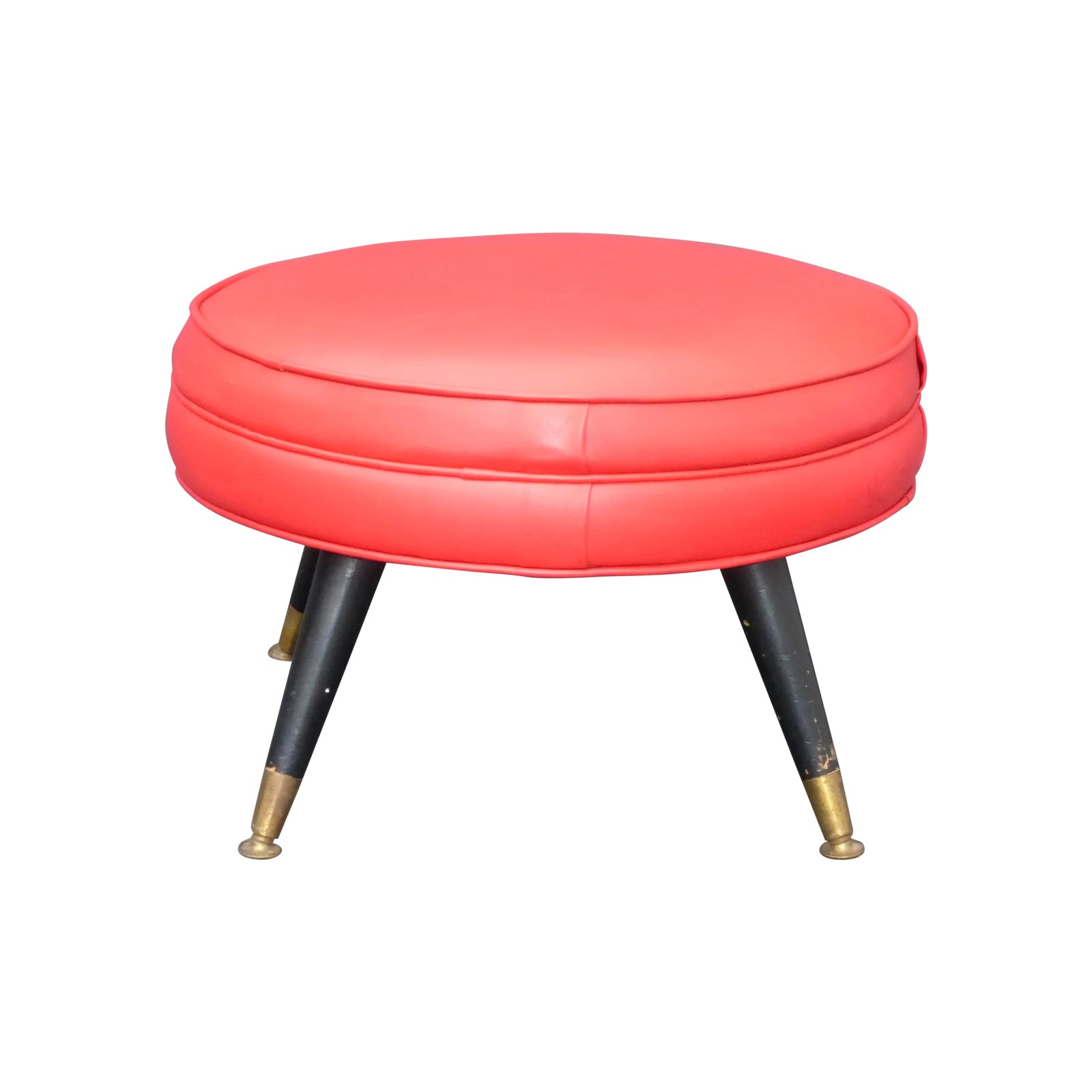 Mid-Century Modern Rount Swivel Red Vinyl Ottoman | Chairish