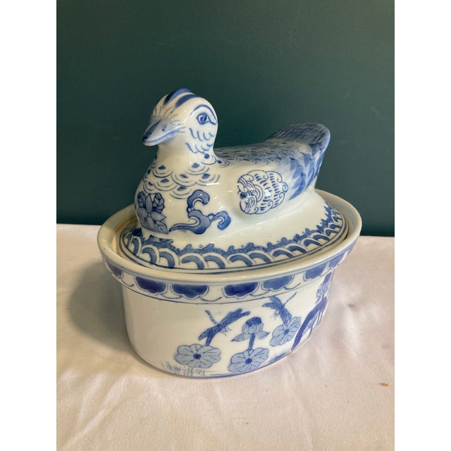 Vintage Blue and White Chinoiserie Porcelain Duck Lidded Serving Dish ...