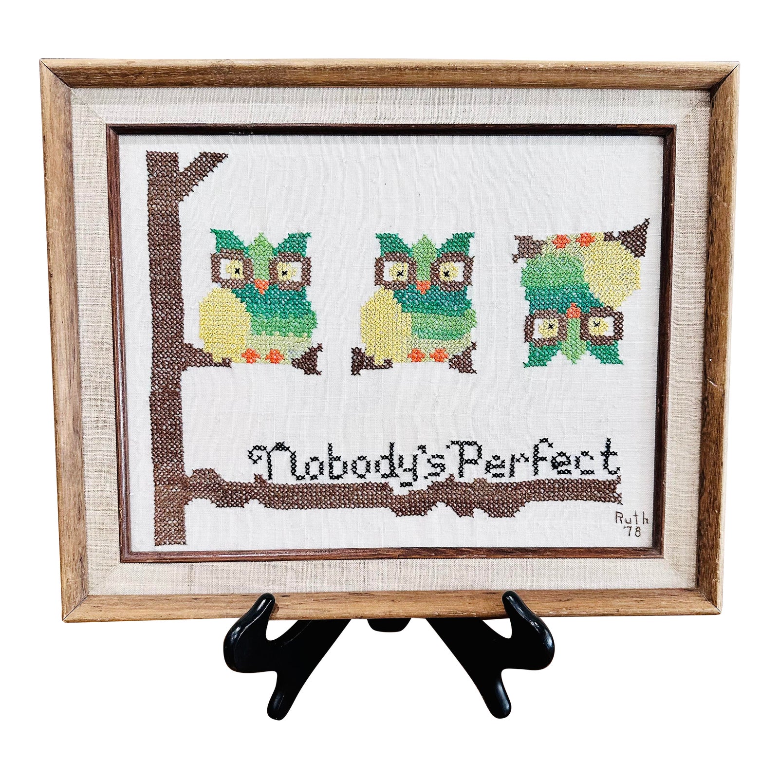 Vintage "Nobody's Perfect" Owl Needlepoint, Signed Ruth, 1976 | Chairish