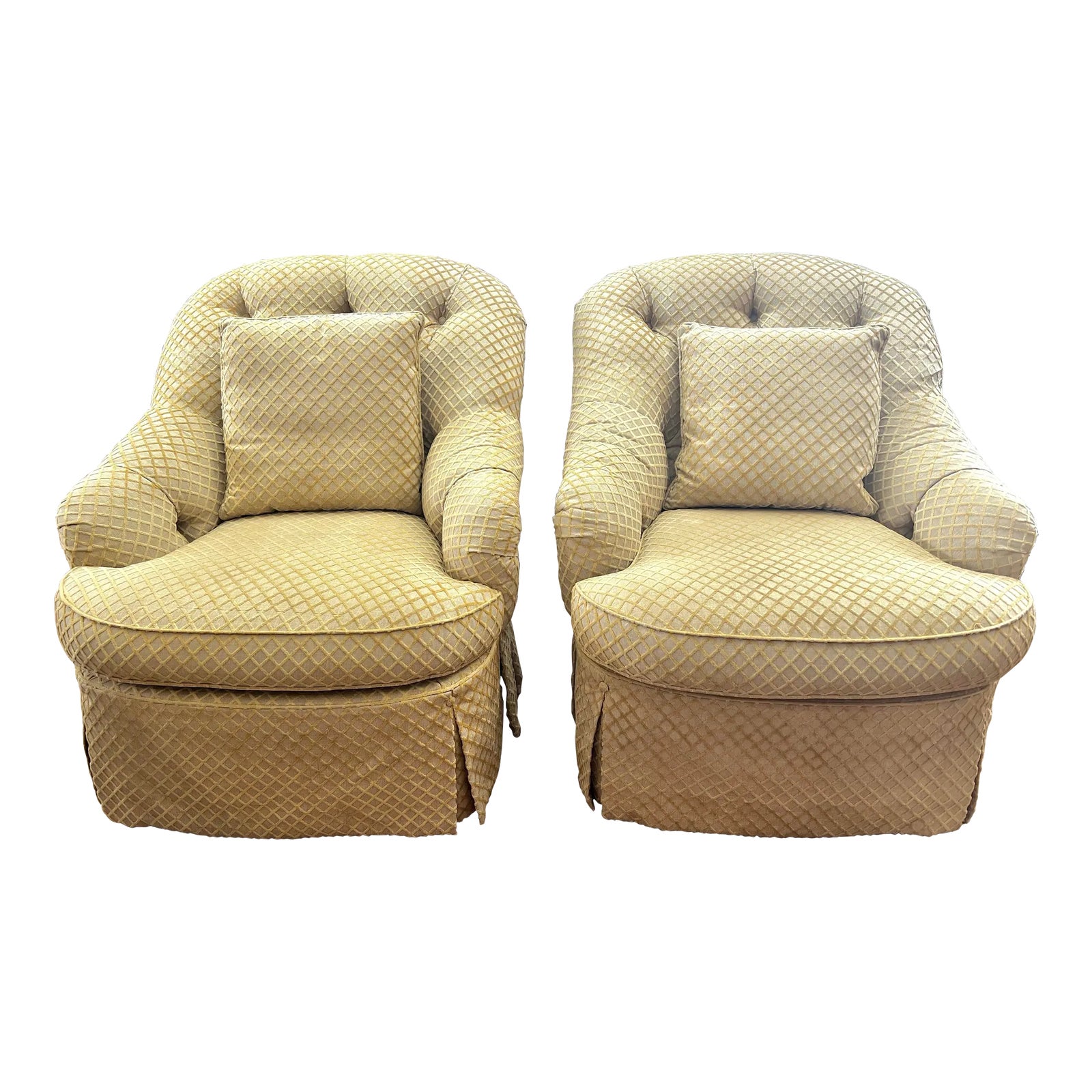 Pair of Custom Gold Upholstered Tufted Scroll Arm Club Chairs | Chairish
