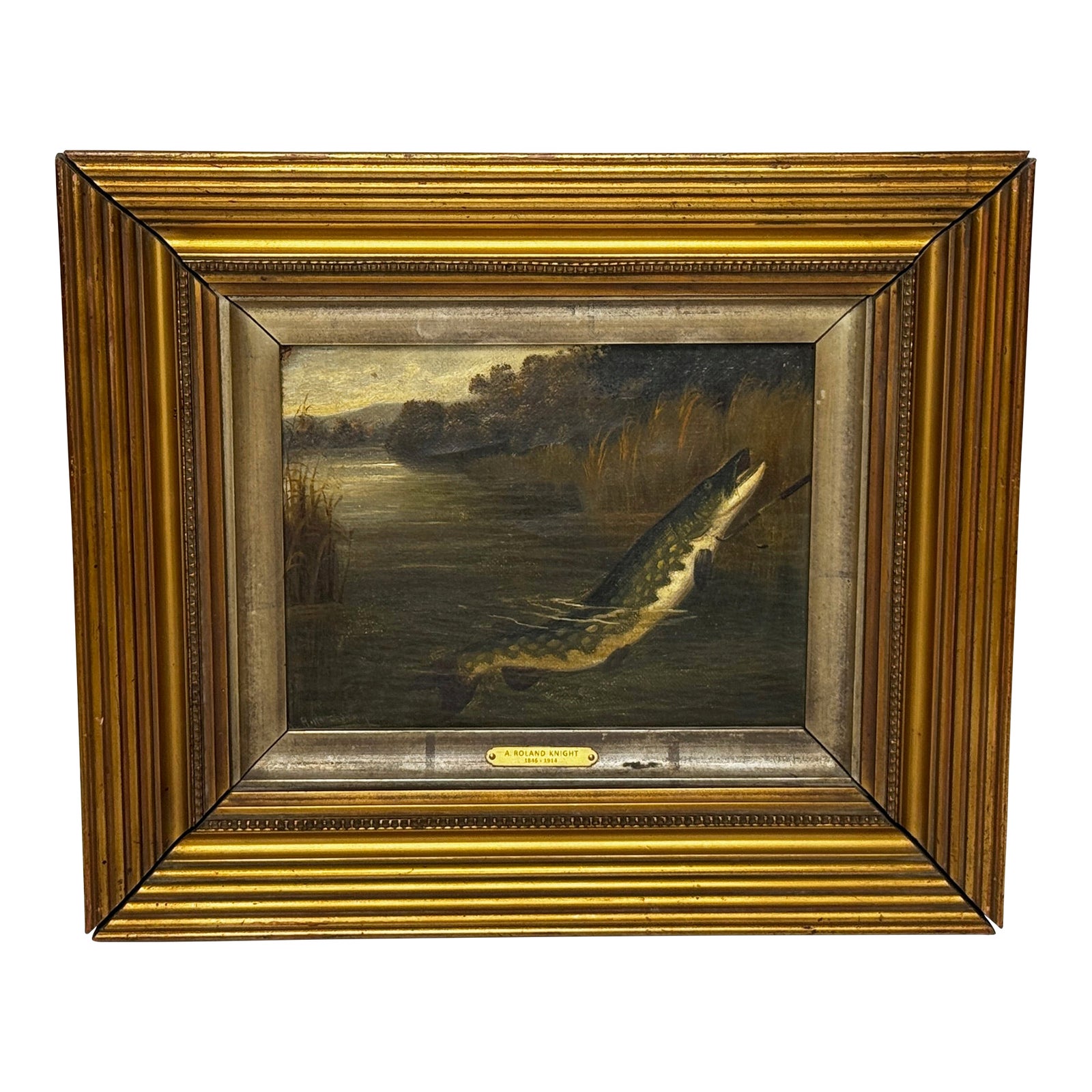 Victorian Angling Fishing Oil Painting Pike Fish Caught by Gaff Pole ...