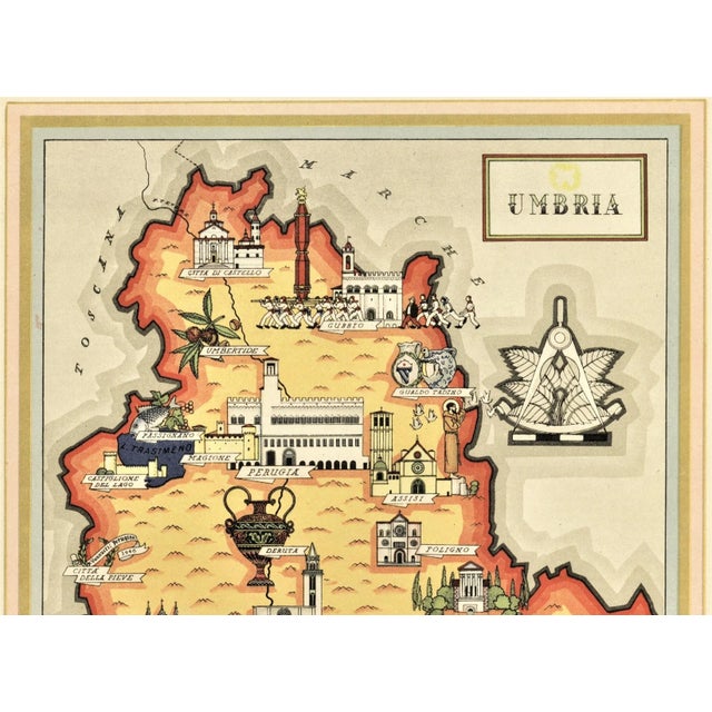 1951 Mid-Century Vintage Pictorial Map of Umbria, Italy. Matted | Chairish