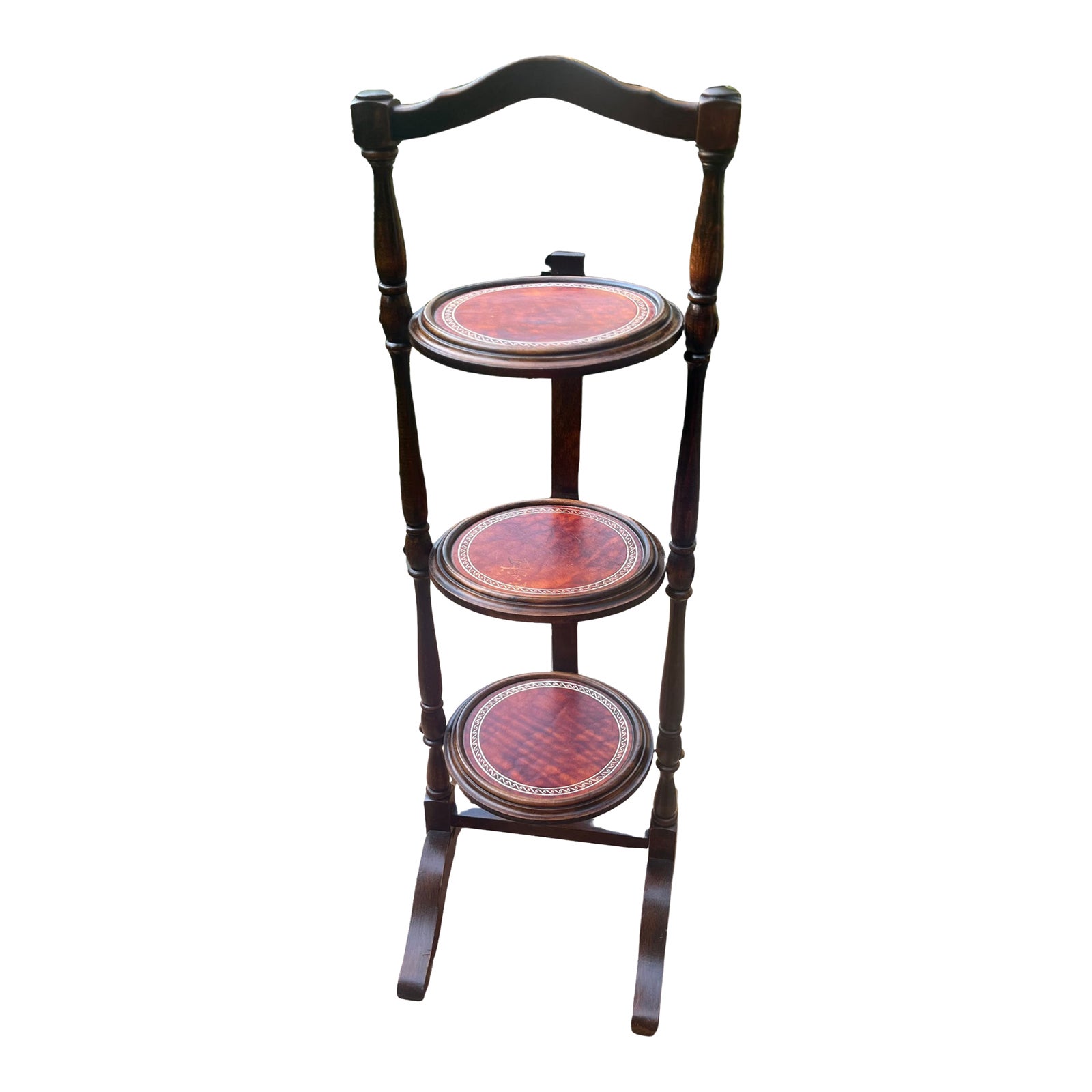 Antique Folding Three-Tier Walnut-Stained Wood Leather Gold Dessert ...