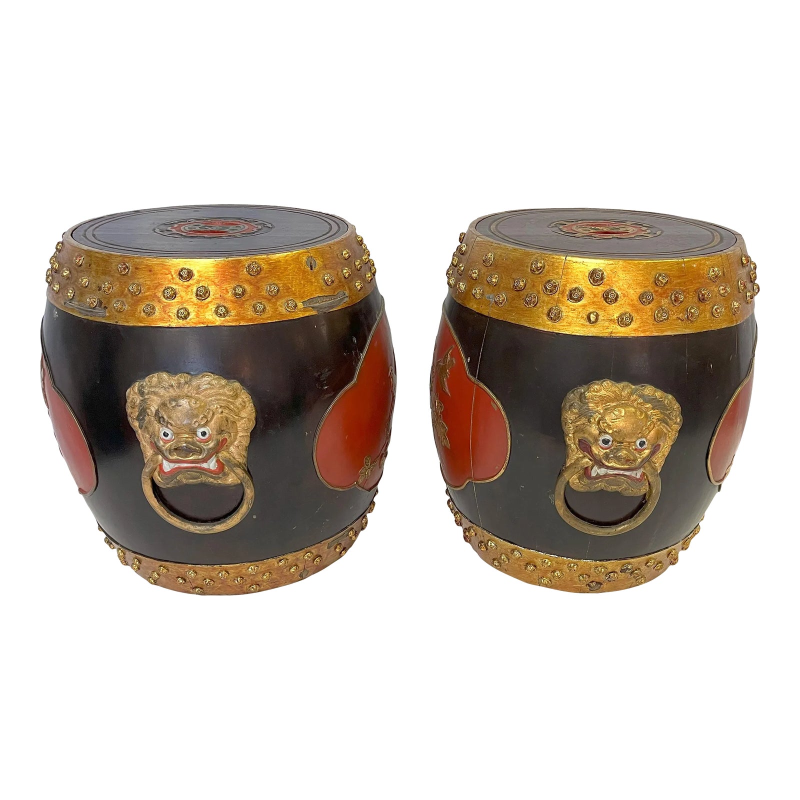 Mid Century Asian Bent Wood Drum Storage Stools With Polychrome ...