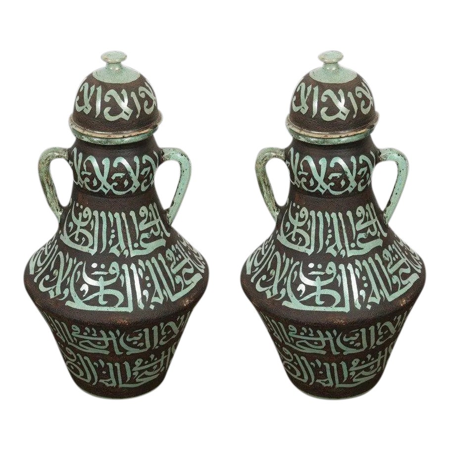 Moroccan Green and Brown Chiselled Ceramic Urns With Handles - a Pair ...