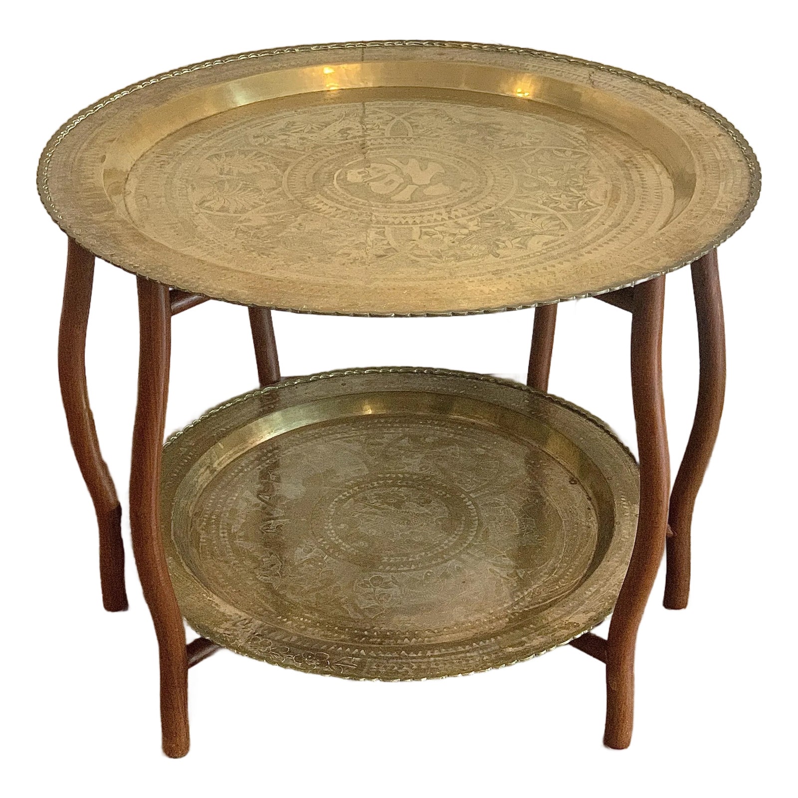 Vintage Mid-Century Asian Two-Tiered Round Engraved Brass Charger Tea ...
