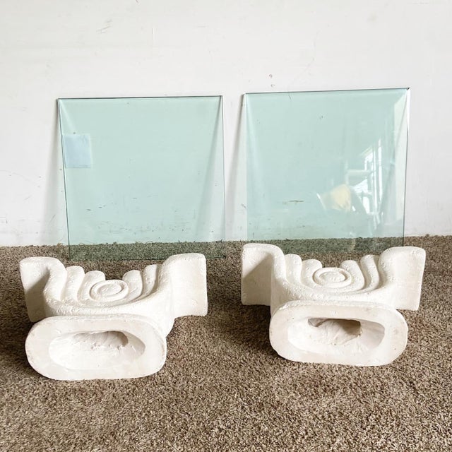 Postmodern Sculpted Plaster Glass Top Side Tables - a Pair | Chairish