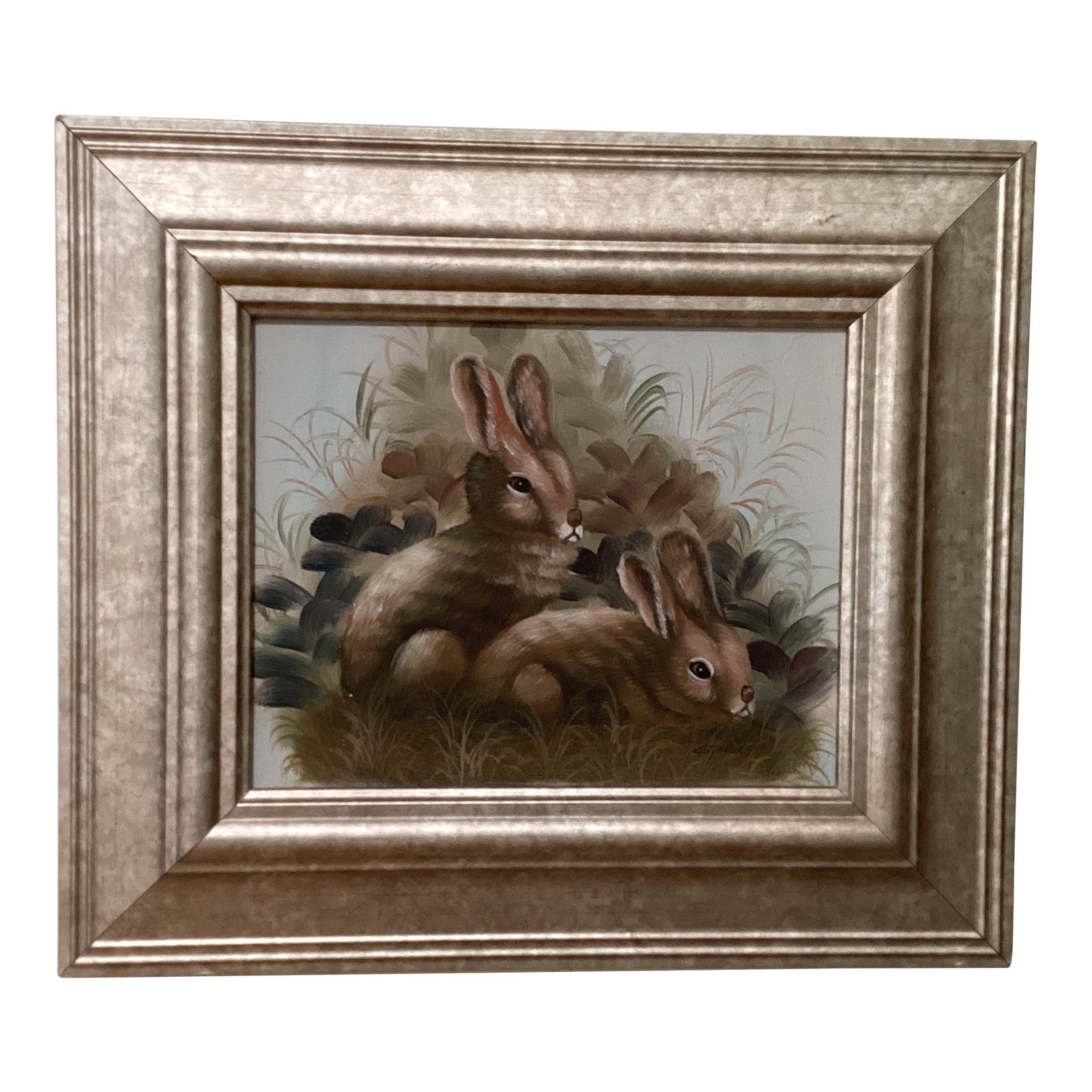 Mid 20th Century Vintage Cutrona Wildlife Canvas Painting of Bunnies ...