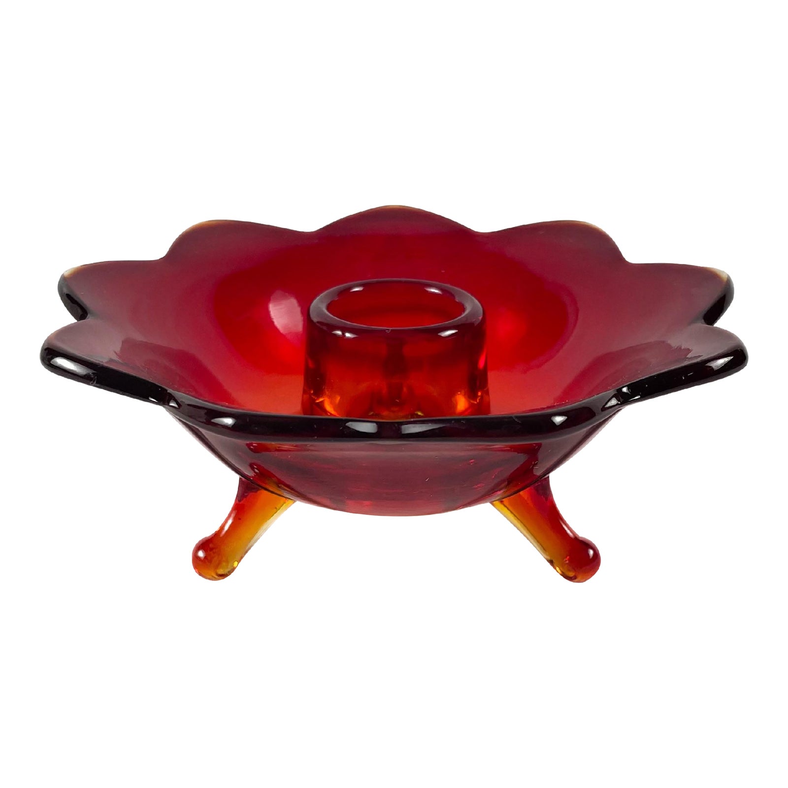 Fenton Ruby Amberina 3 Footed Candleholder | Chairish