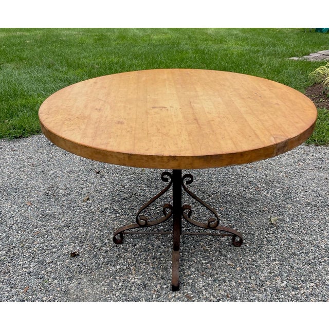 Vintage Round Butcher Block Table With Iron Base | Chairish