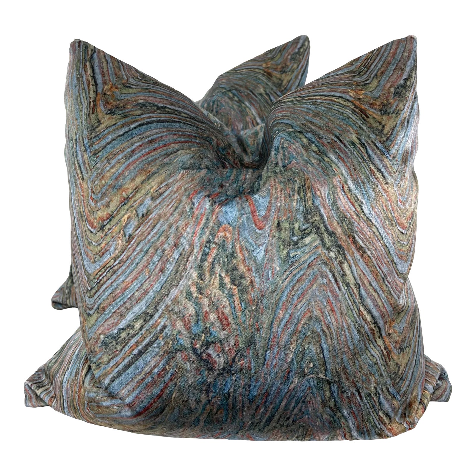 Wave Printed Velvet in Green 22” Pillows-A Pair | Chairish