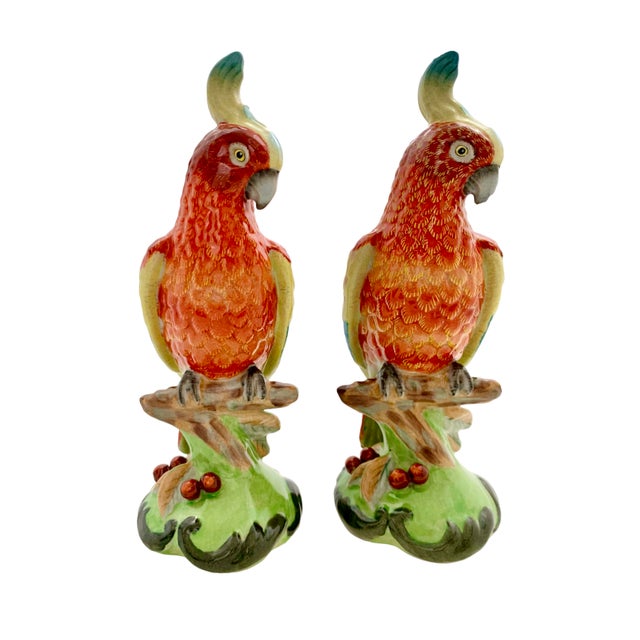 Vintage Oriental Pair Ceramic Parrot Tropical Style Bird Figurine ...