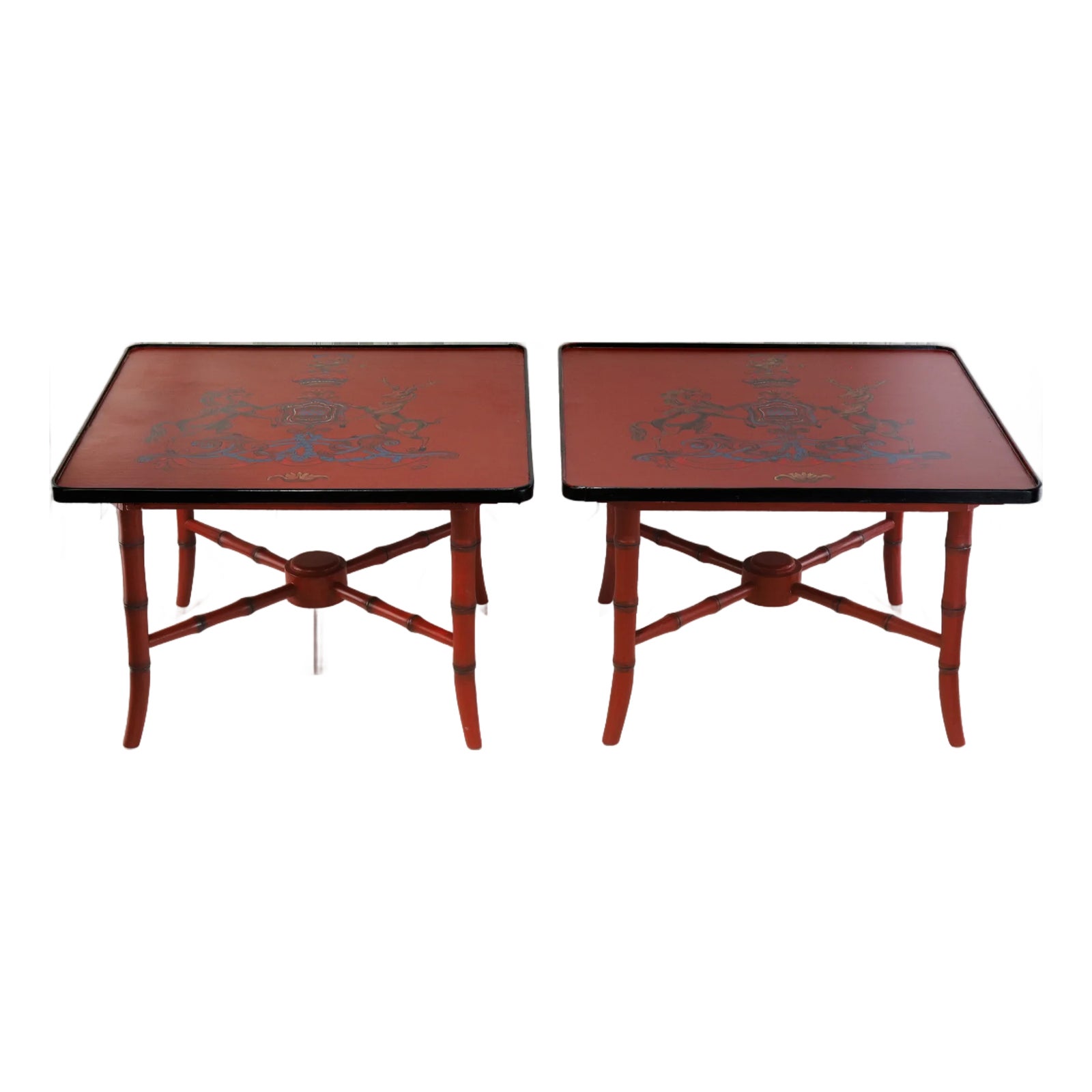 Pair of Vintage Chinese Red Lacquer Side Tables With Faux Bamboo Legs ...