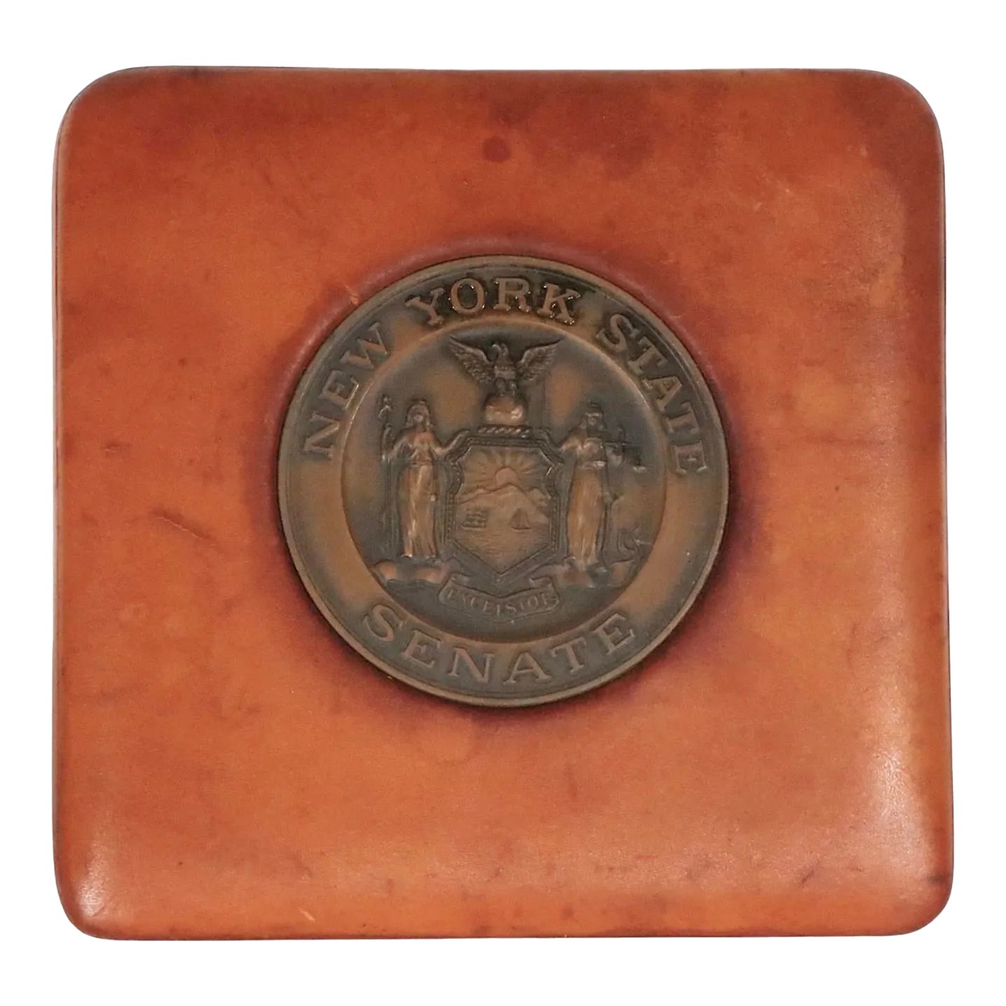 New York State Desk Organizer Paperweight Leather With Bronze Medallion ...