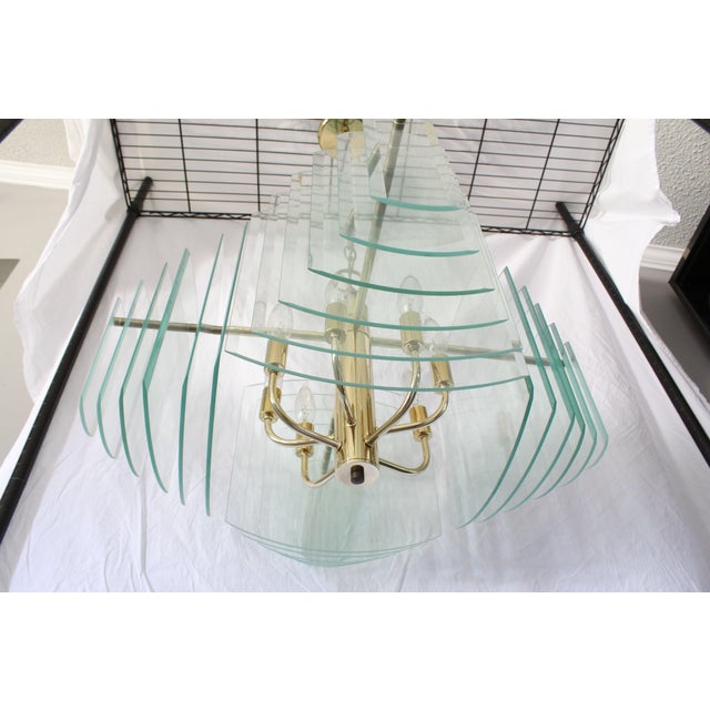 1990's Art Deco Brass and Glass Panel 8 Light Art Deco Chandelier by Forecast Lighting | Chairish