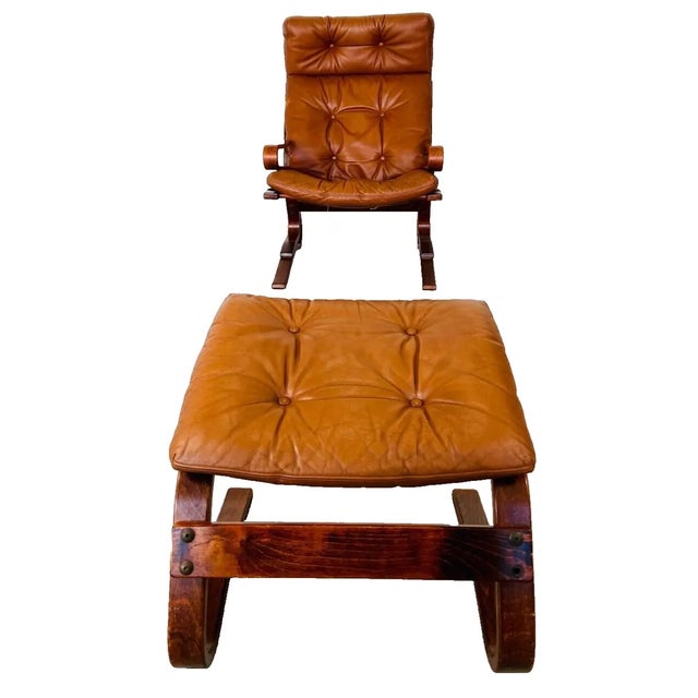 Vintage Scandinavian Cognac Lounge Chair and Foot Stool by Oddvin ...