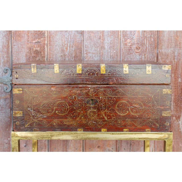 19th Century Brass Inlaid Cash Box on Stand | Chairish