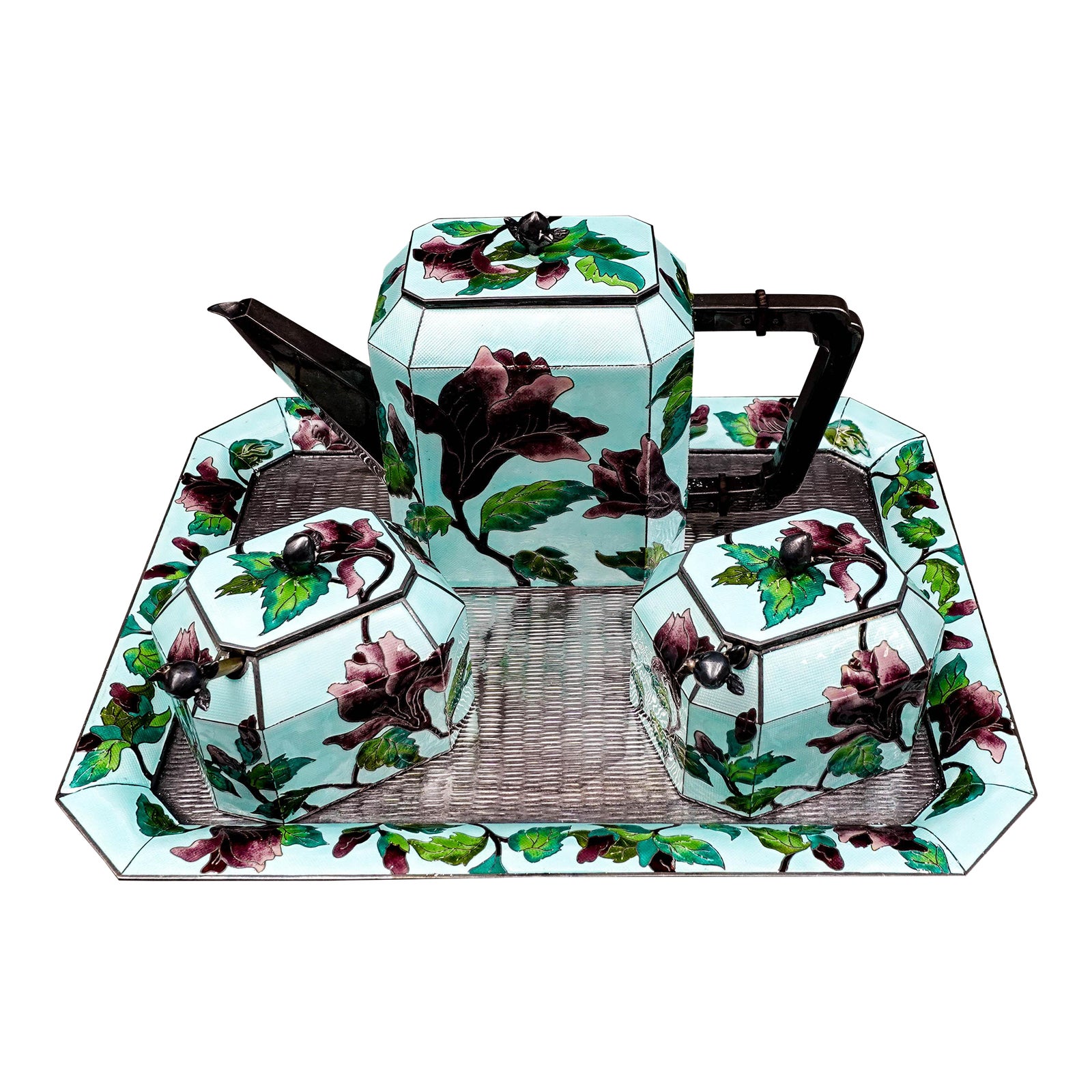 Vintage Korean .999 Fine Silver Cloisonne Enameled Floral Tea Service ...