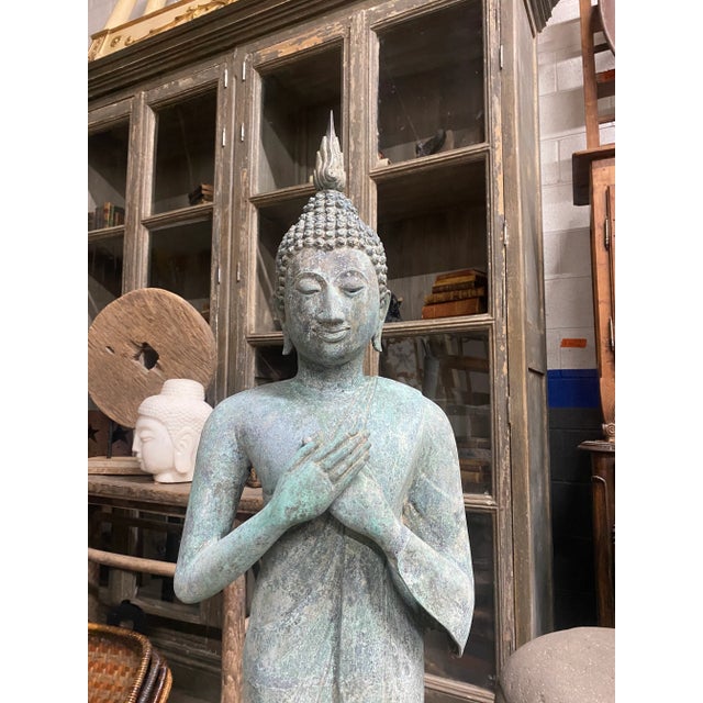 Large 60" Verdigris Green Patina Bronze Standing Buddha Statue | Chairish