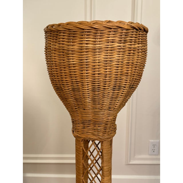 Vintage Coastal Large Rattan & Wicker Plant Stand | Chairish