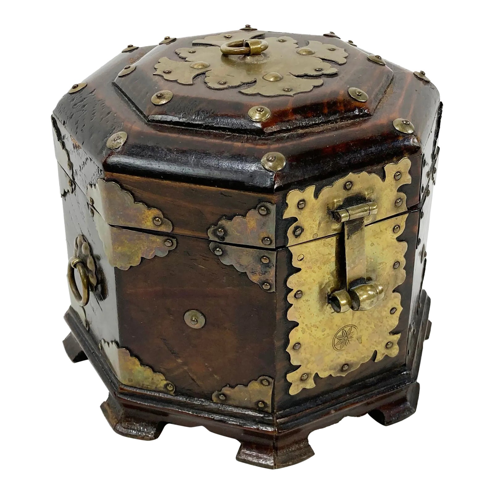 Vintage Chinese Angular Wood Box With Brass Hardware | Chairish