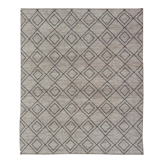 Large Modern Moroccan Rug With Tribal Diamond Design in Cream and ...