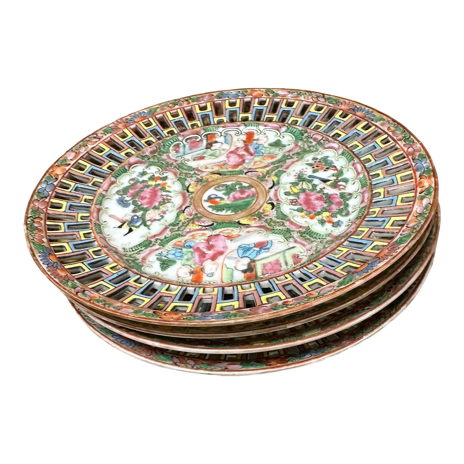 Antique Open Work Basket Weave Chinese Porcelain Rose Medallion Rose D ...