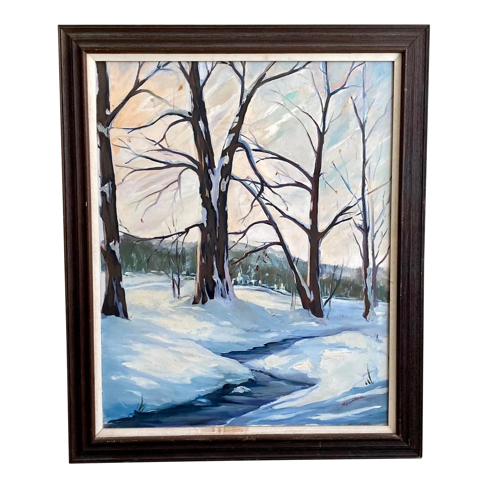 Large Vintage Winter Snow Scene Painting, Signed, Framed | Chairish
