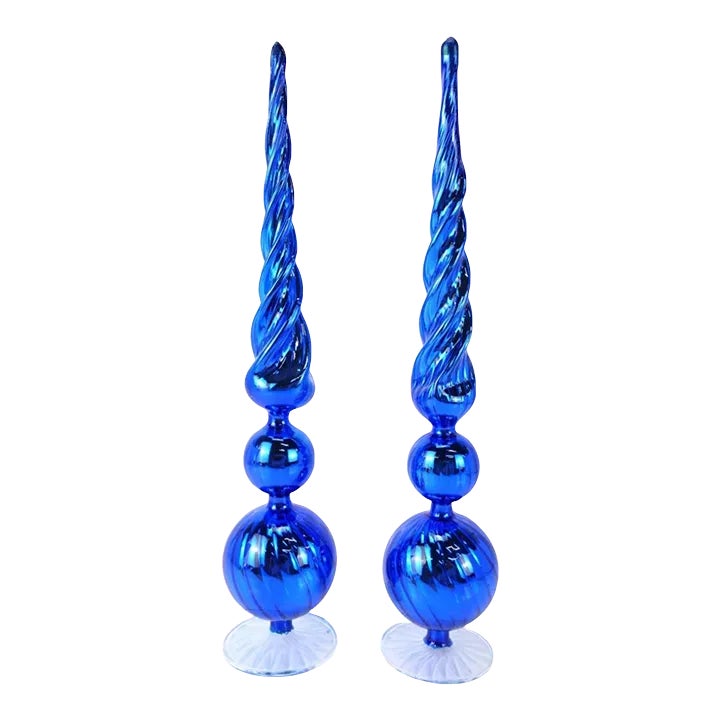 1990s Cobalt Blue Mercury Glass Twisted Table Top Finials- Set of 2 ...