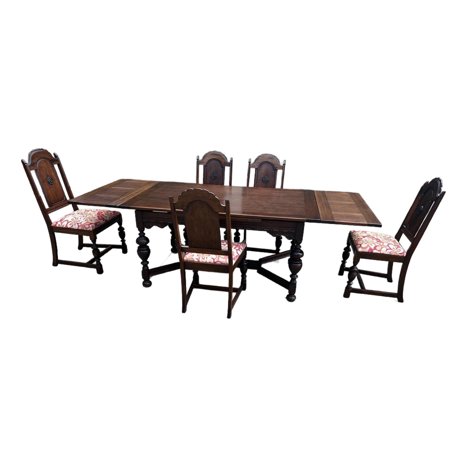 Antique Jacobean Style Dining Table and Chairs - Set of 6 | Chairish