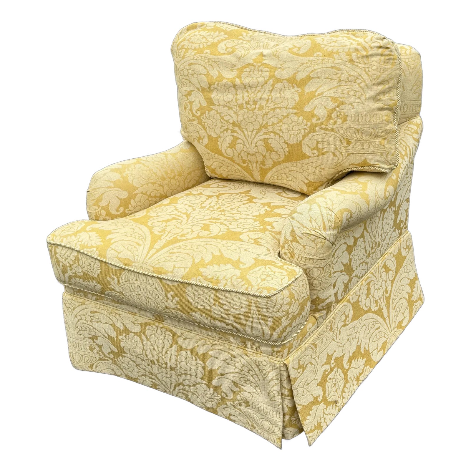 Southwood Yellow Damask Skirted Club Chair | Chairish