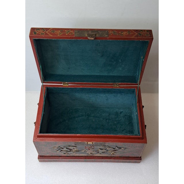 1960s Vintage Chinese Carved Double Dragon Wood Dowry Keepsake Box Felt ...